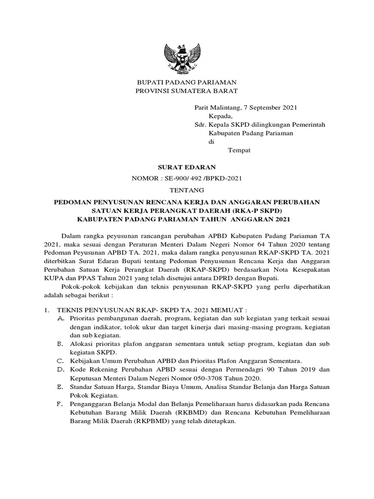 Surat Edaran Penyusunan Rka Perubahan Ta 2021 | PDF