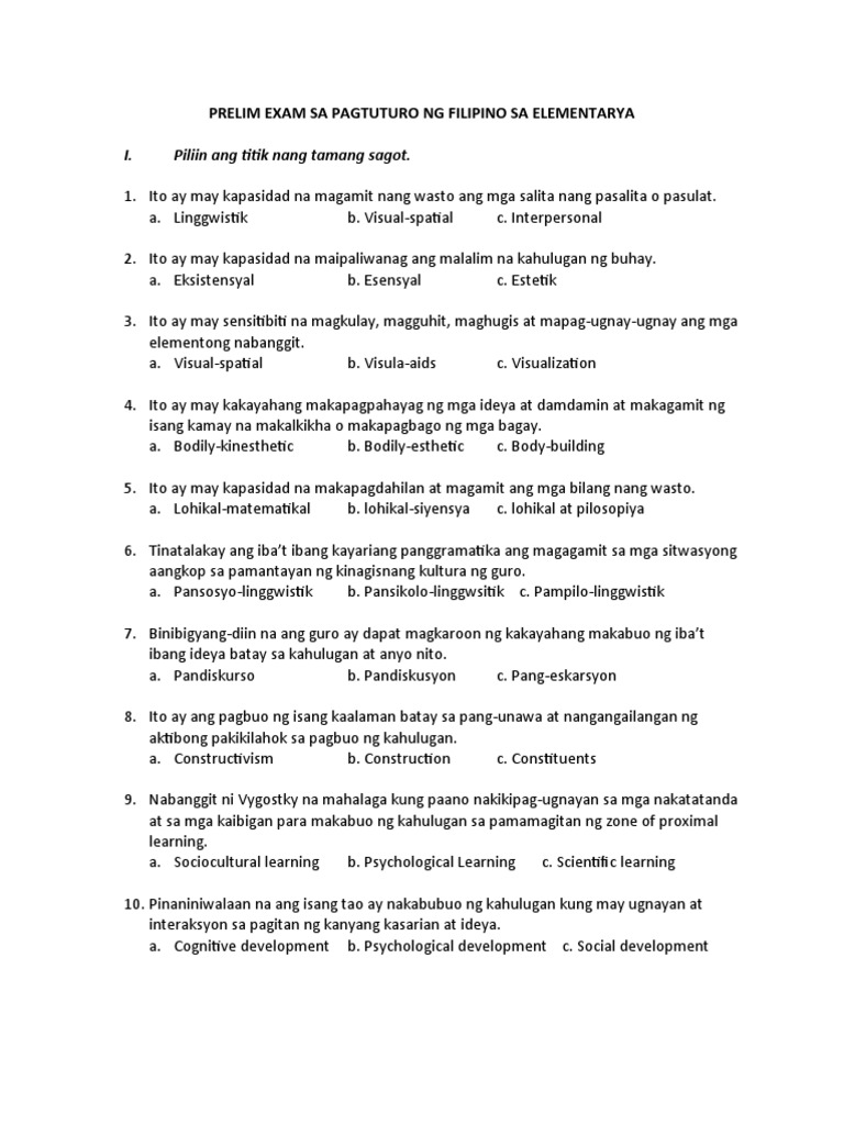 Prelim Exam Sa Pagtuturo NG Filipino Sa Elementarya | PDF