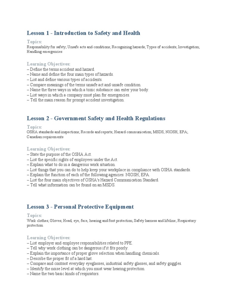 Lesson 1 - Introduction To Safety and Health: Topics | PDF ...