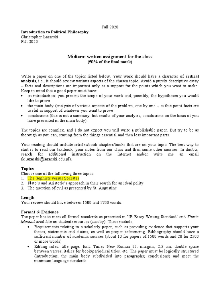 Midterm Written Assignment For The Class: Introduction To Political Philosophy | Unduh gratis ...