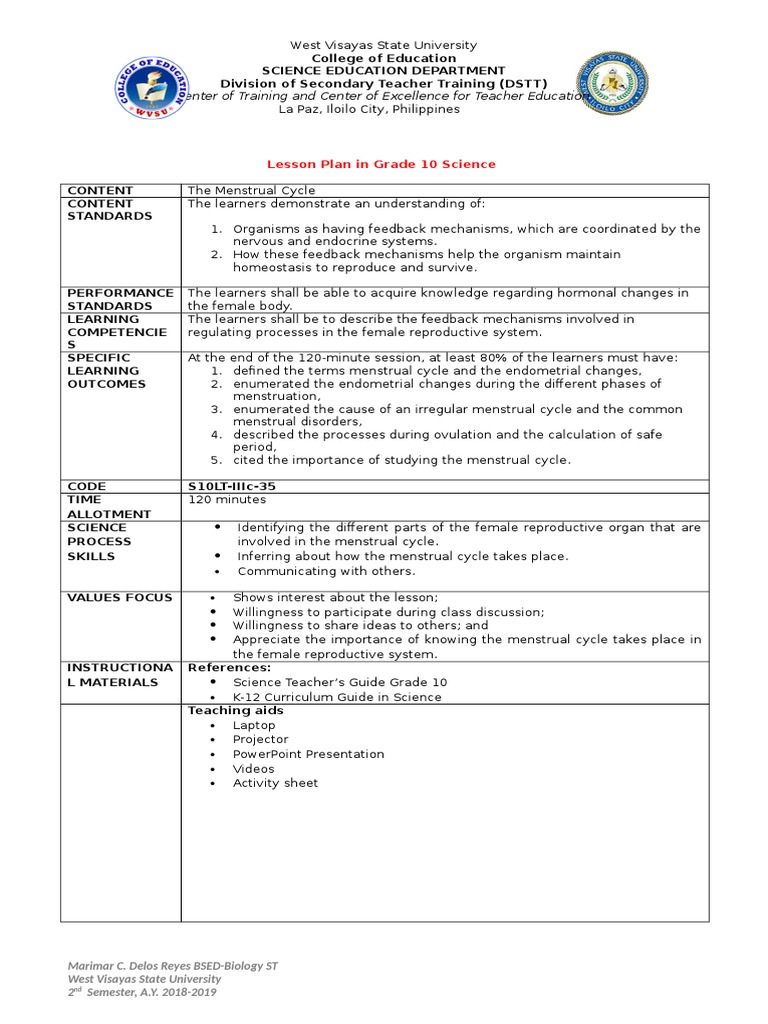 Lesson Plan in Grade 10 Science | PDF | Menstrual Cycle | Luteinizing ...