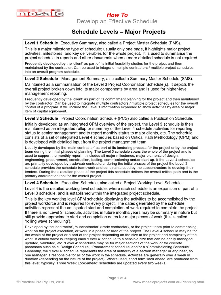 Schedule Levels - Major Projects: Develop An Effective Schedule | PDF ...