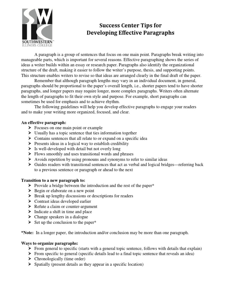 Success Center Tips For Developing Effective Paragraphs | PDF ...