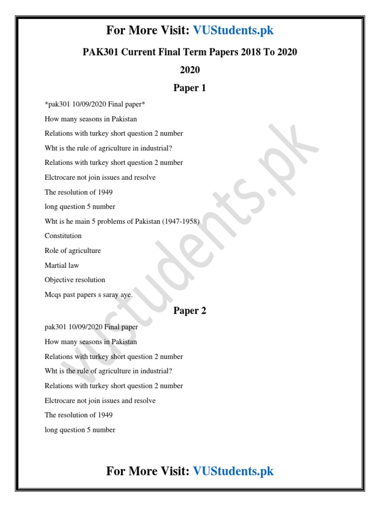 PAK301 Current Papers 2018 To 2020 | PDF | Pakistan | Partition Of India