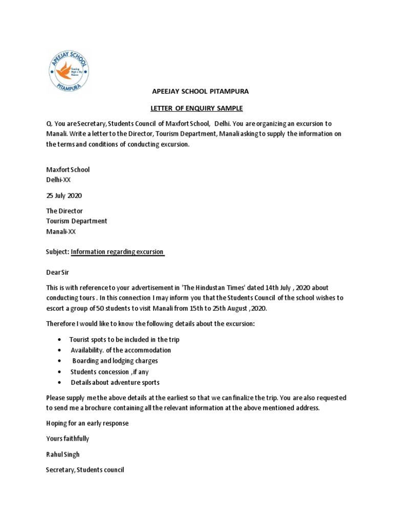 Apeejay School Pitampura Letter of Enquiry Sample | PDF