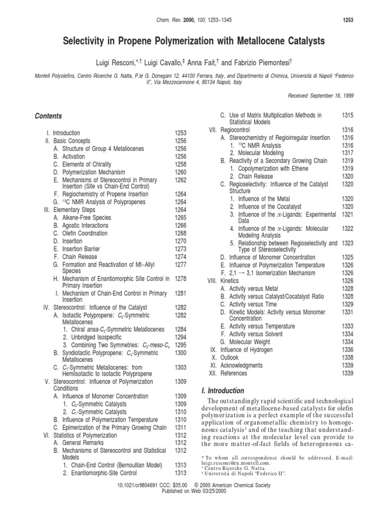 Selectivity In Propene Polymerization With Metallocene Catalysts Pdf Alkene Polymers