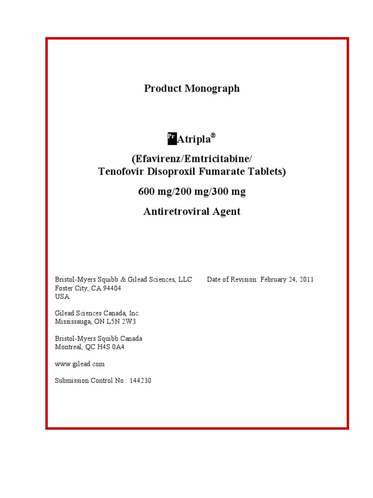Product Monograph Atripla (Emtricitabine - Tenofovir D. F. - Efavirenz ...