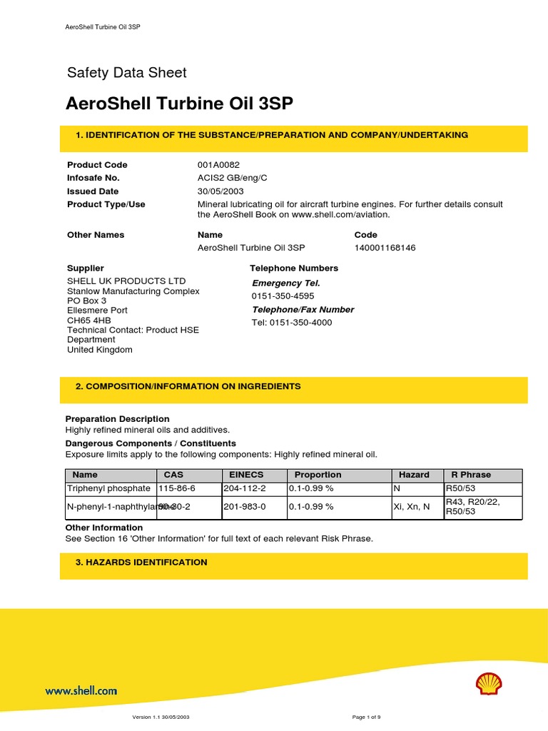 Aeroshell Turbine Oil 3Sp: Safety Data Sheet | PDF | Occupational ...