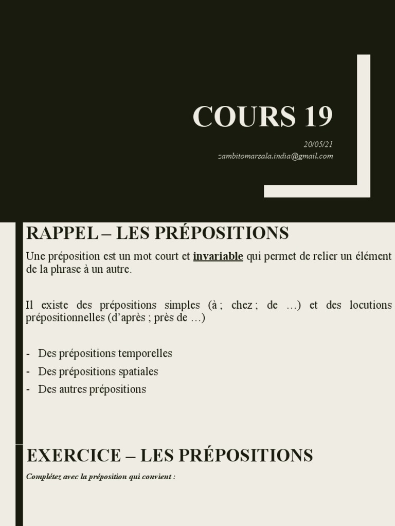COURS 19. Prepositions | PDF | Adposition | Verbe