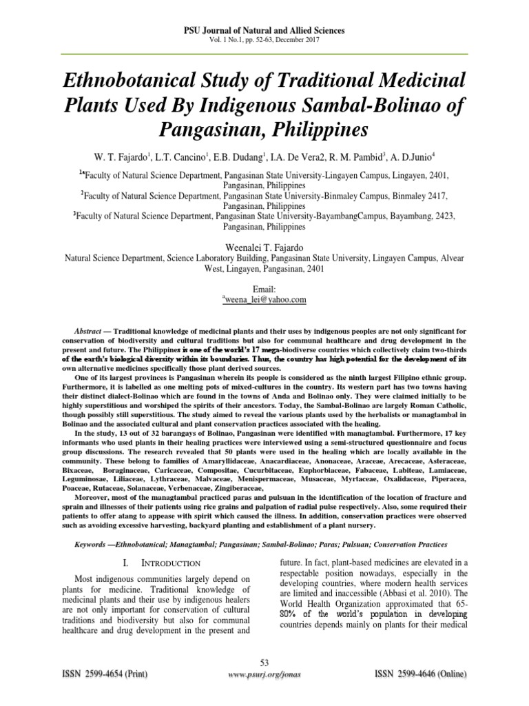 Ethnobotanical Study of Traditional Medicinal Plants Used by Indigenous Sambal-Bolinao of ...