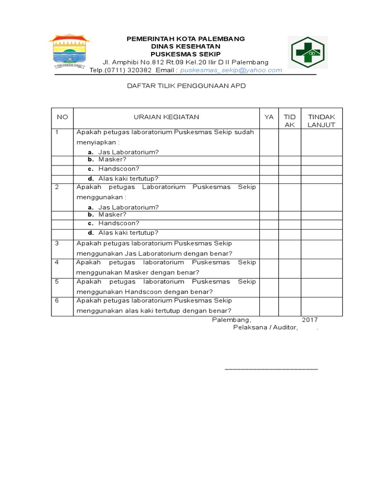 Pemeriksaan Penggunaan APD Laboratorium Puskesmas Sekip | PDF