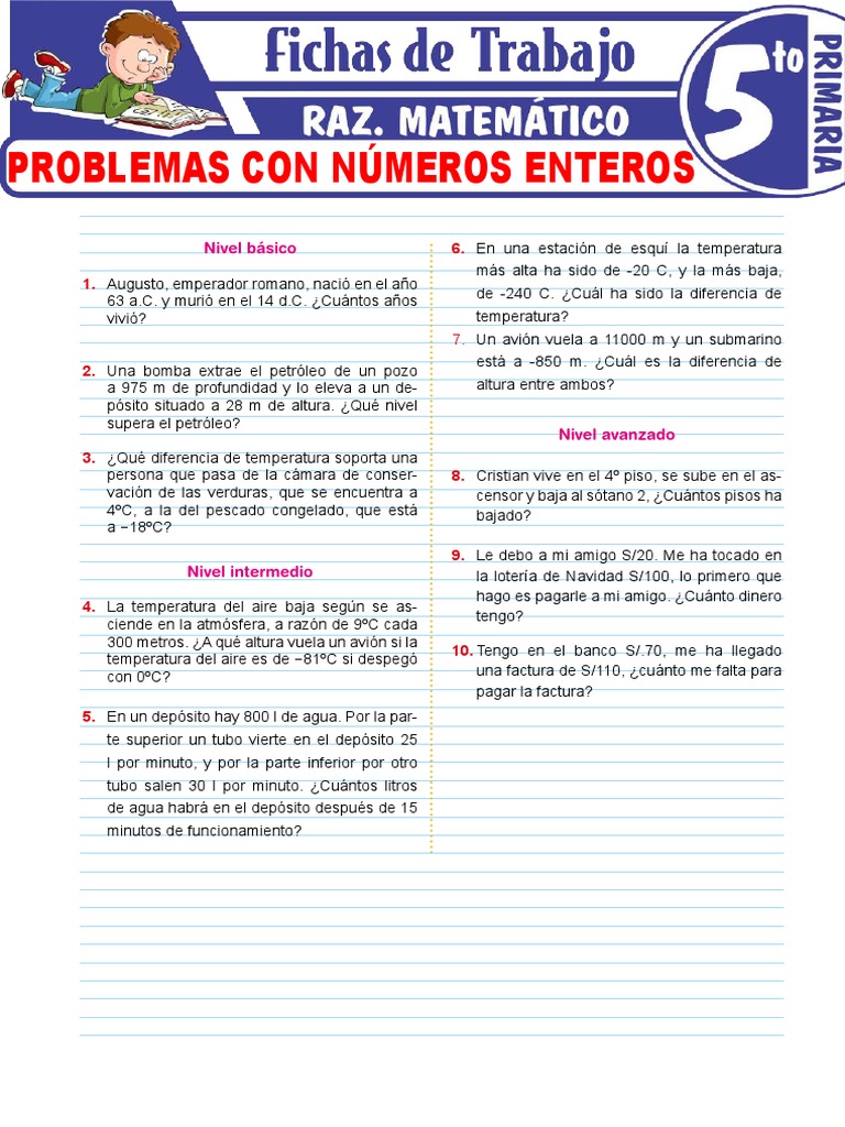 Hoja De Trabajo De Problemas De Palabras Con Números Enteros En Formato Pdf