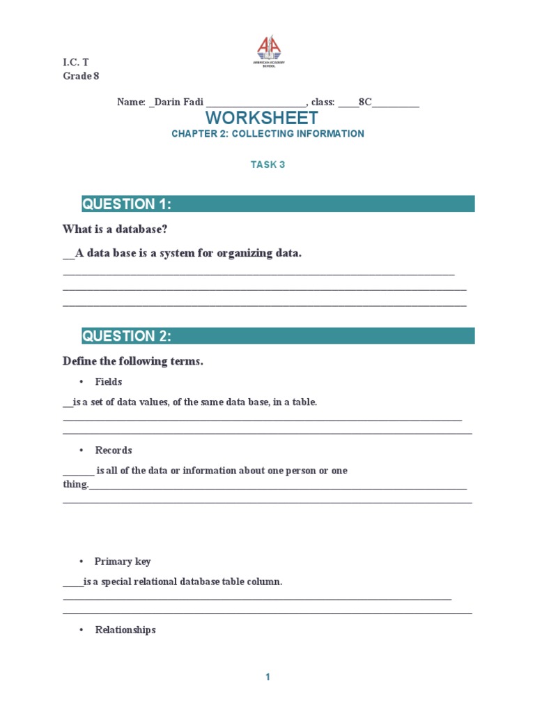 Worksheet Database Relationships | PDF | Relational Database | Databases