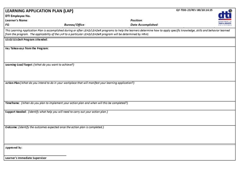 Learning Application Plan (Lap) : Learner's Name: Position: FG: Bureau ...