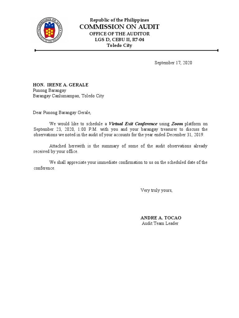 Scheduling a Virtual Exit Conference to Discuss Audit Observations of ...