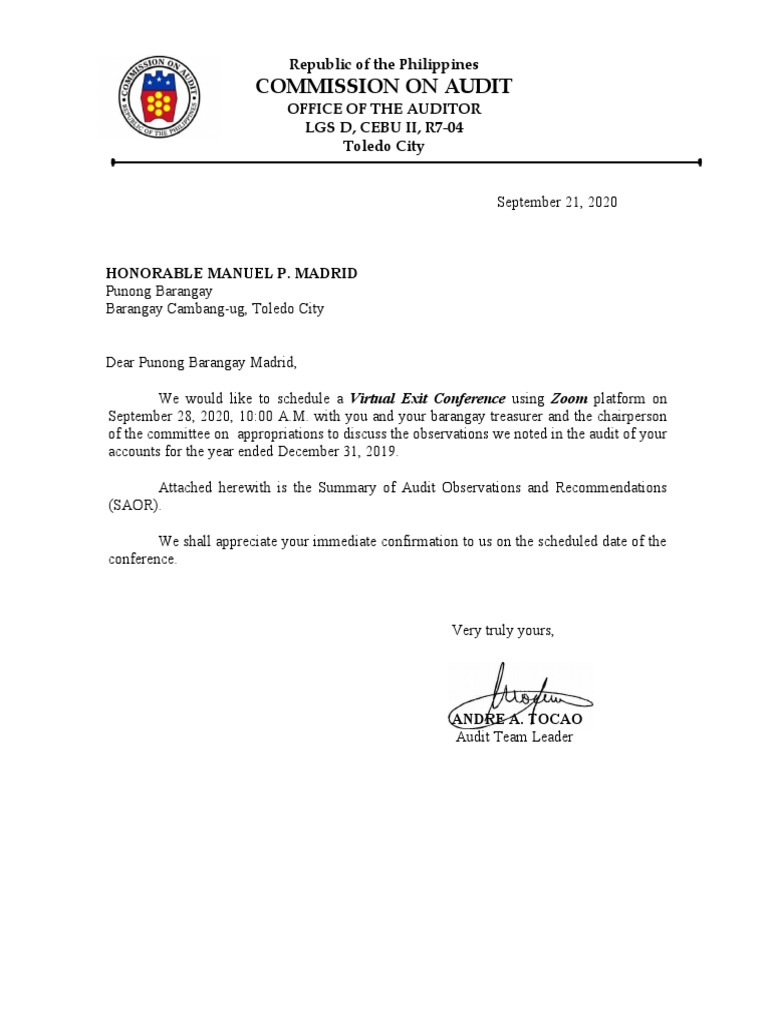 Exit Conference Request Letter Cambang Ug 2019 | PDF