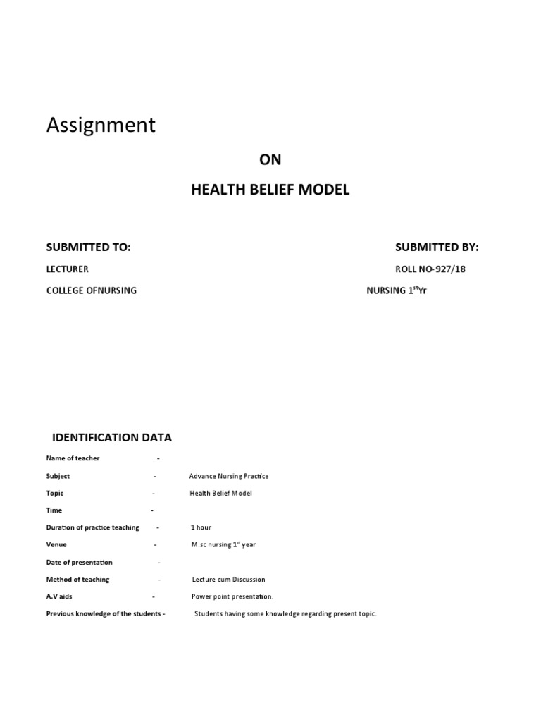 Assignment: ON Health Belief Model | PDF | Health Care | Psychological ...