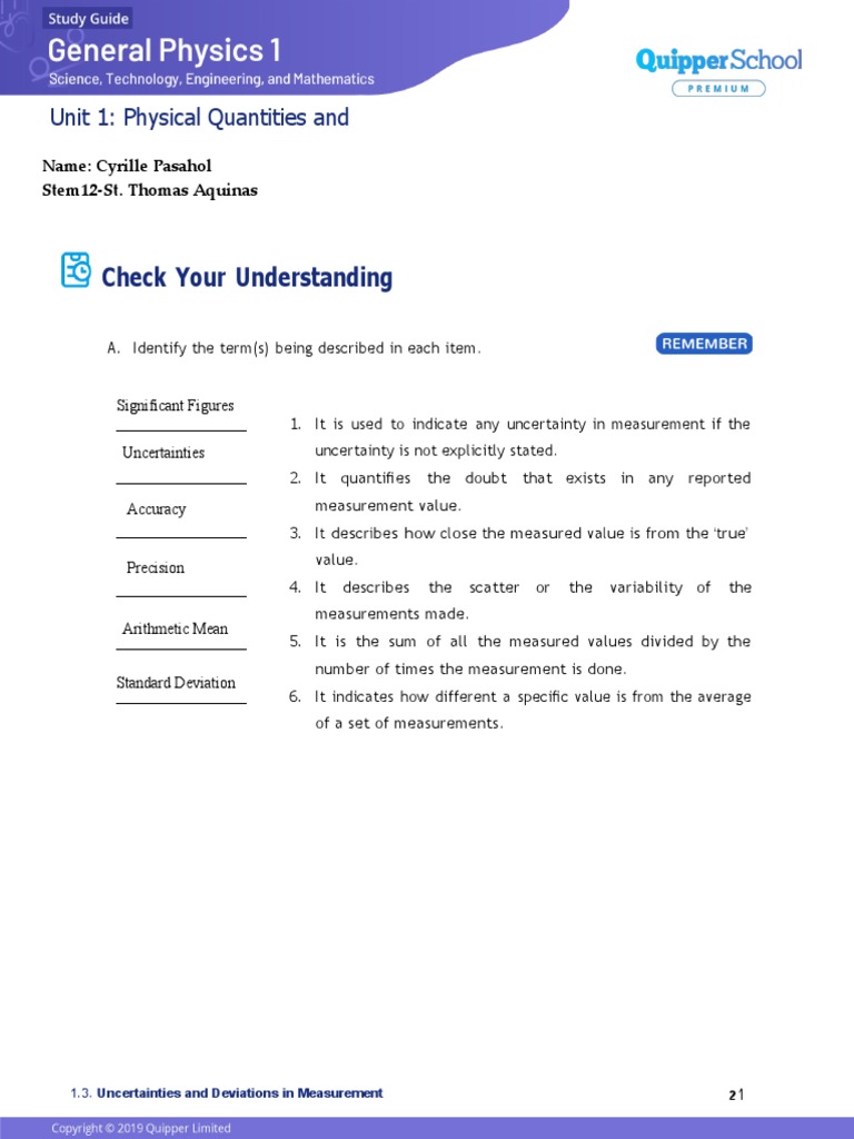 Check Your Understanding: Unit 1: Physical Quantities and Measurements ...