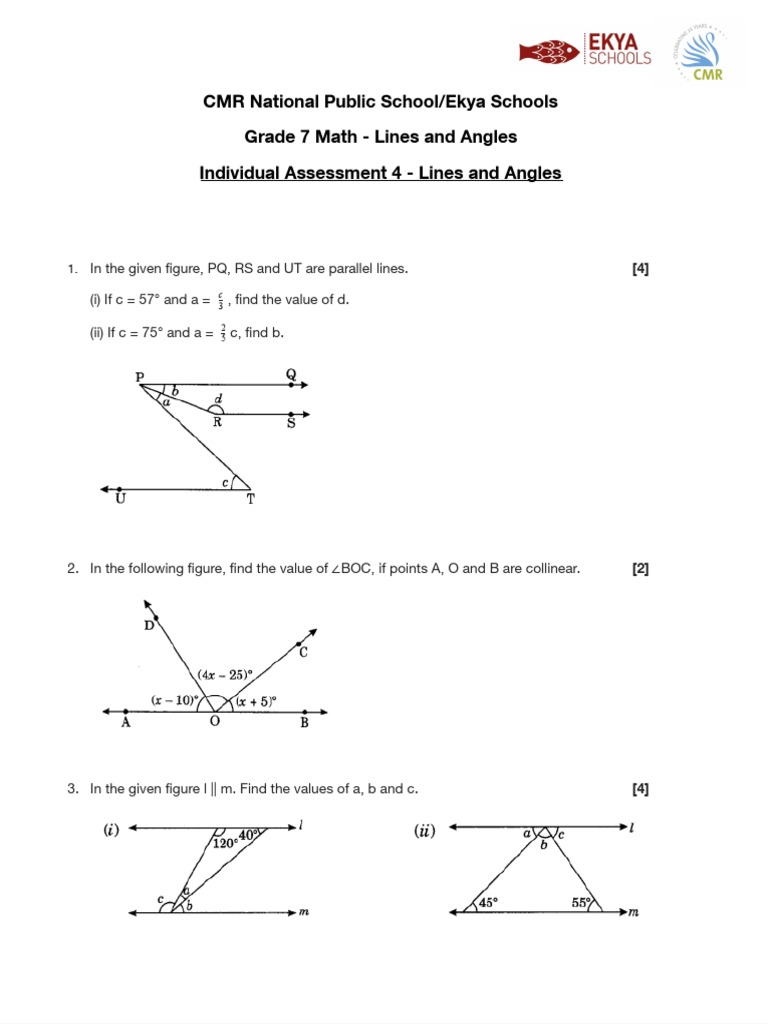 Grade 7 Math: Lines and Angles Assessment | PDF
