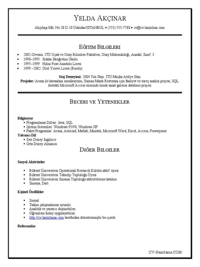 Hazir CV Ornekleri Bilgisayar Muhendislik CV Ornekleri | PDF