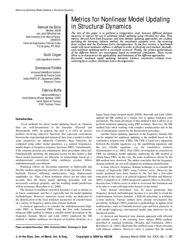 Metrics For Nonlinear Model Updating in Structural Dynamics: Samuel Da Silva | PDF | Principal ...