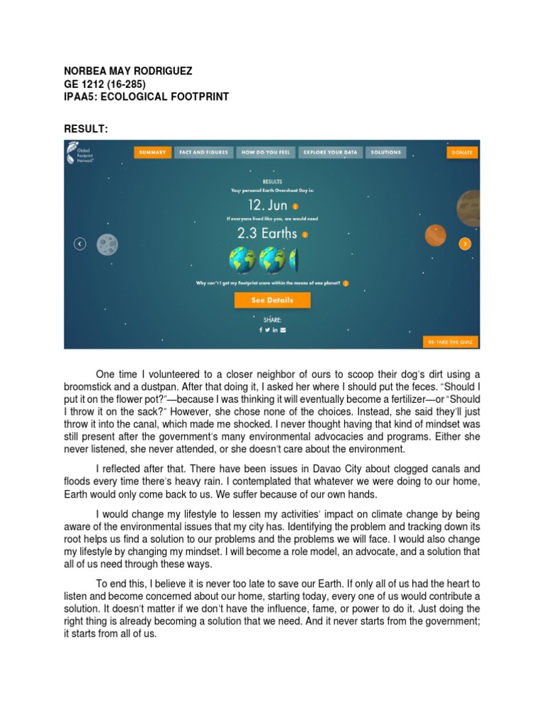 Ecological Footprint Result - Reflection Paper | PDF