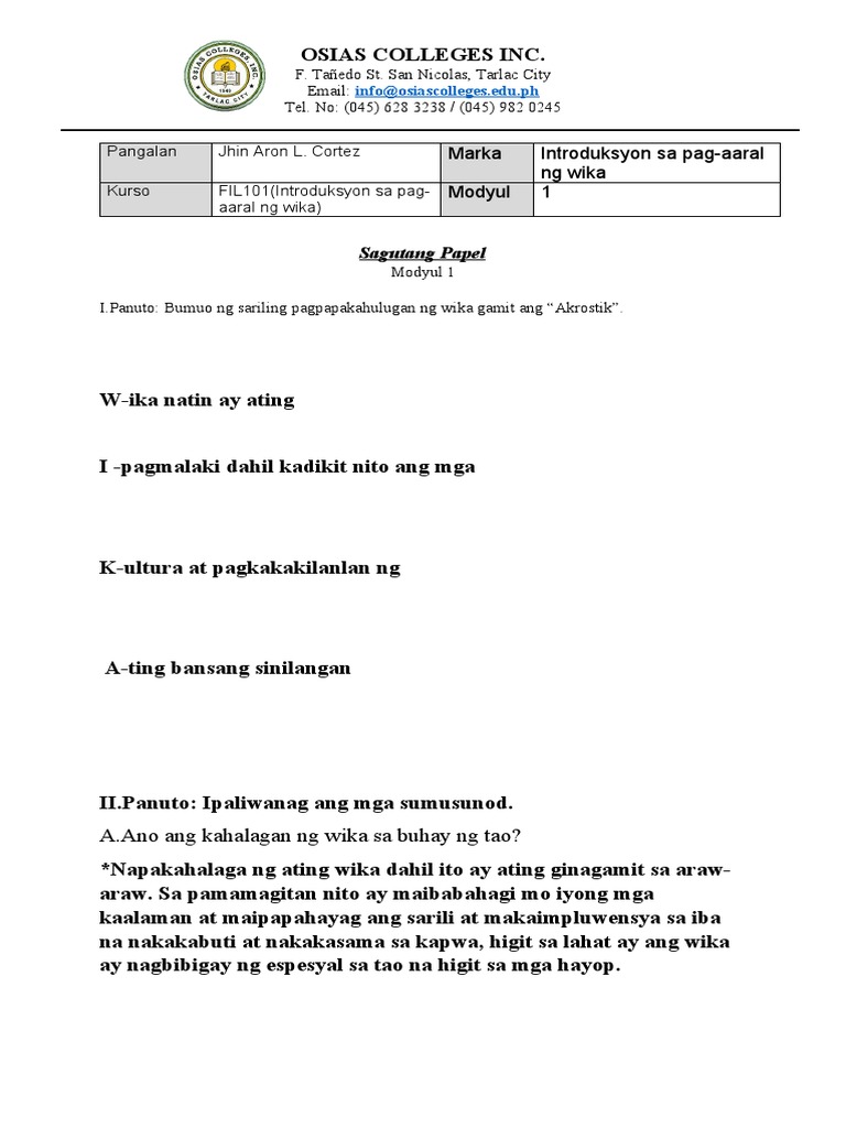 FIL 101-Sagutang Papel (MODYUL 1) | PDF