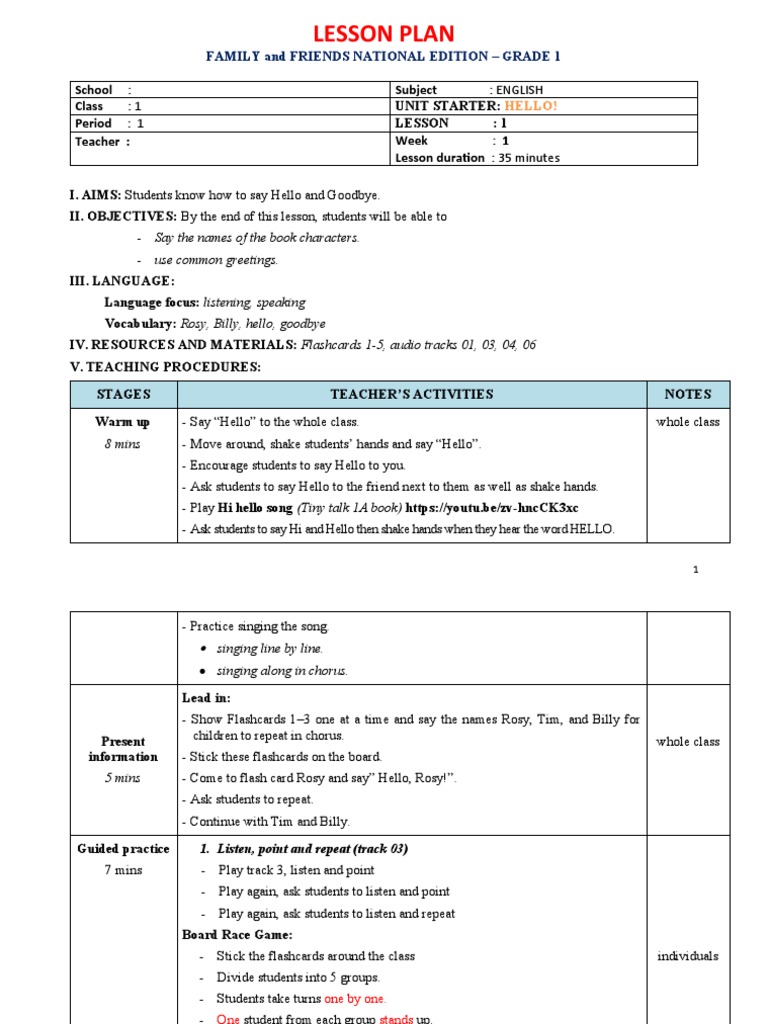 Lesson Plan: Family and Friends National Edition - Grade 1 | PDF ...