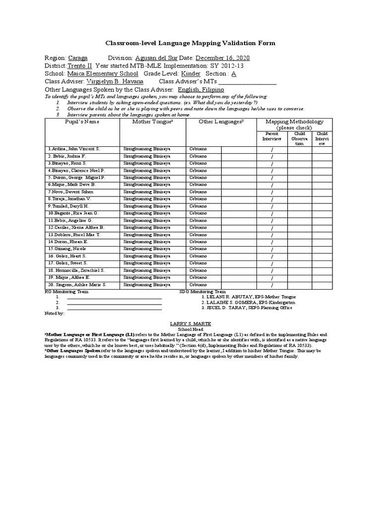 Mother Tongue Identification and Language Mapping of Kindergarten ...