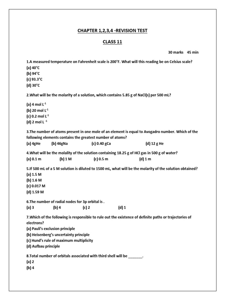 Class 11 - Chap 1,2,3,4-Revision Test | PDF | Molecular Orbital | Mole ...