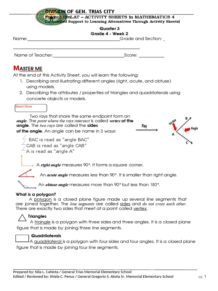 Division of Gen. Trias City: Project Isulat - Activity Sheets in Mathematics 4 Quarter 3 Grade 4 ...