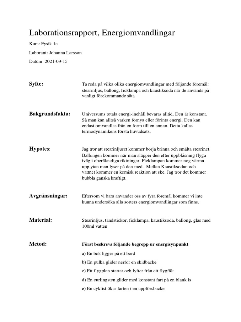 Fysik 1a Laboration 1 Energiomvanlingar | PDF