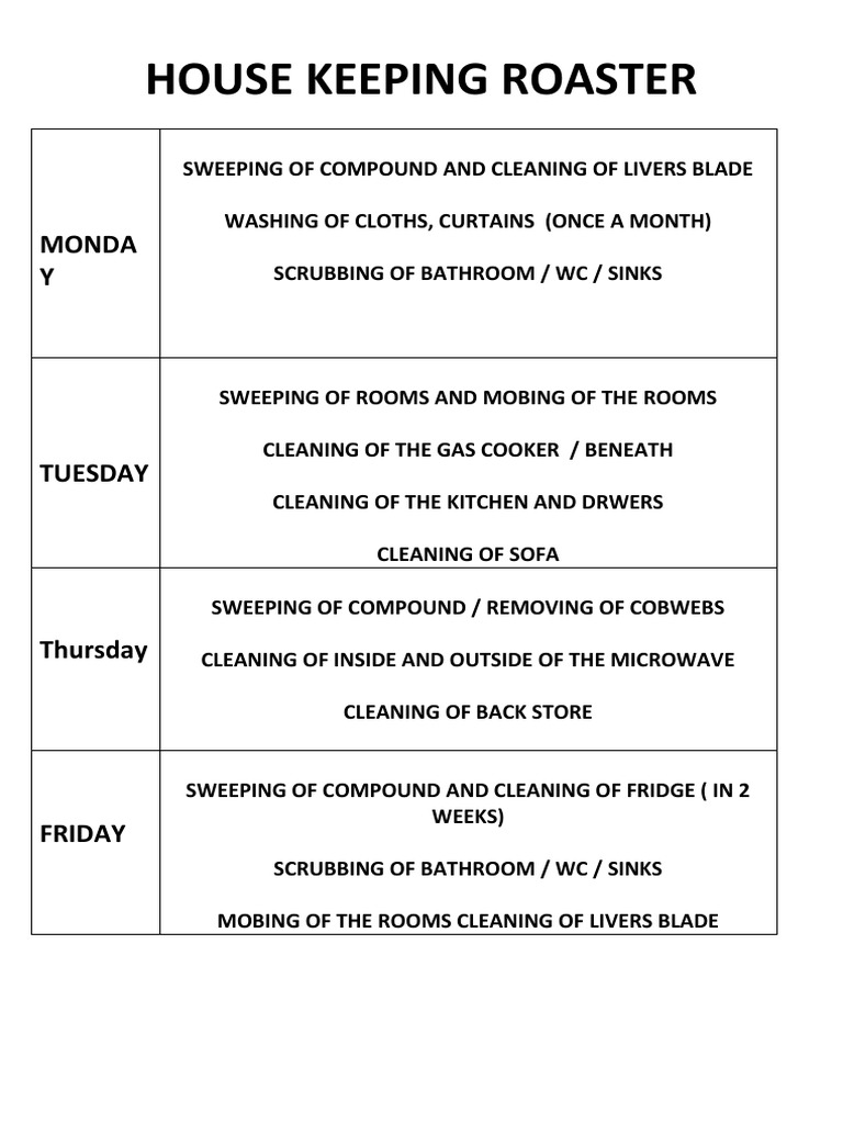 House Keeping Roaster | PDF