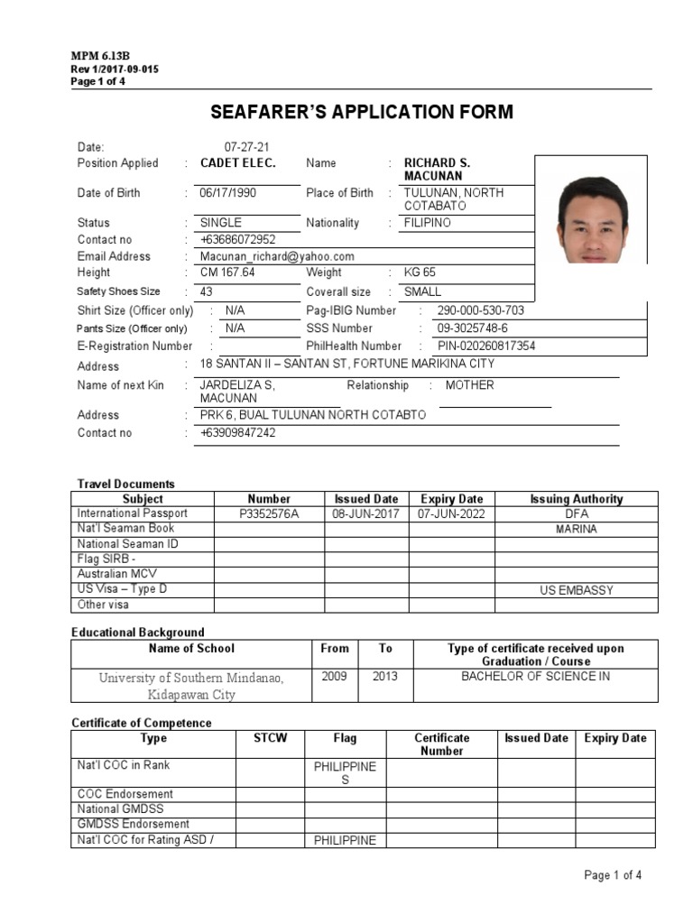 Seafarer'S Application Form: Rev 1/2017-09-015 Page 1 of 4 | PDF ...