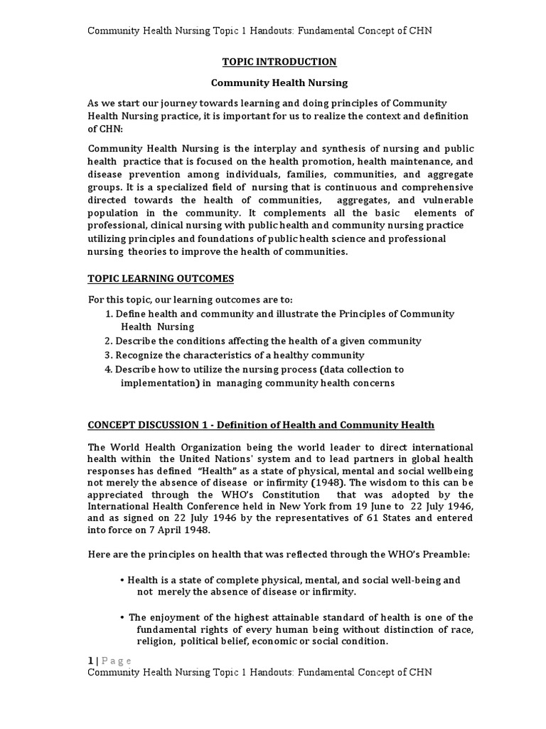 CHN 1 Topic 1 Handouts | PDF | Nursing | Preventive Healthcare