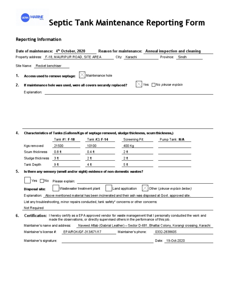 Septic Tank Maintenance Reporting Form | PDF