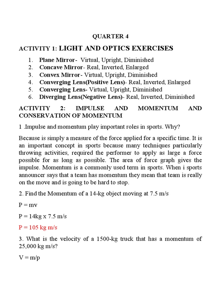 Light and Optics Exercises: Quarter 4 Activity 1 | Download Free PDF ...