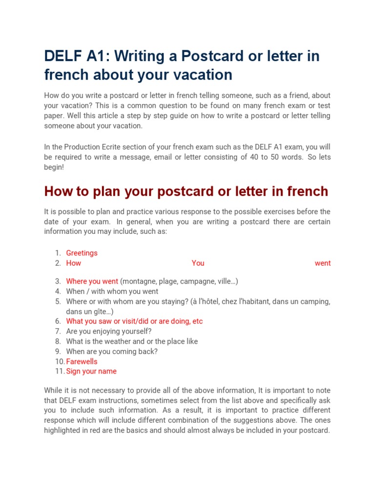 DELF A1: Writing A Postcard or Letter in French About Your Vacation ...