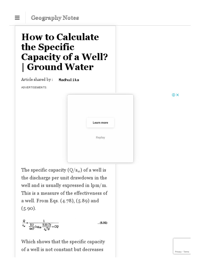 How To Calculate The Specific Capacity of A Well - Ground Water | PDF ...