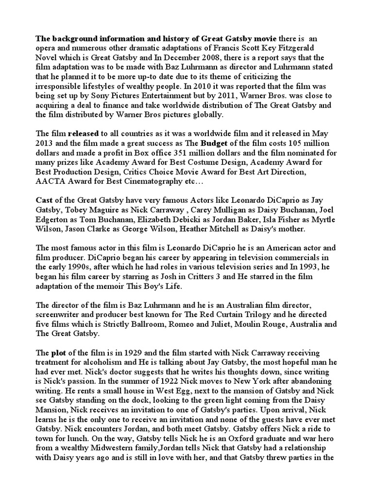 The Background Information and History of Great Gatsby Movie There Is ...