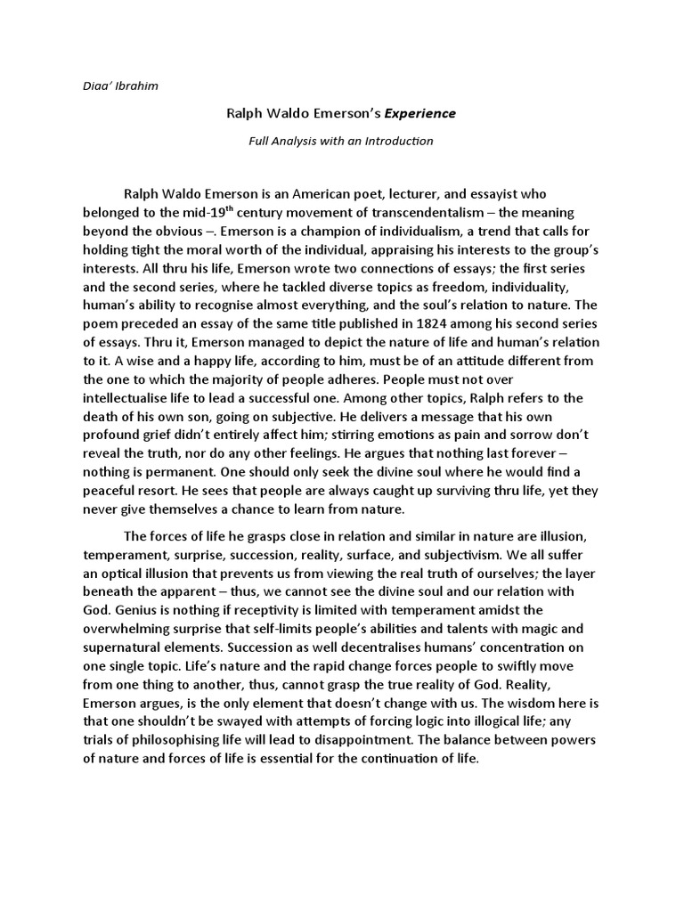 Ralph Waldo Emerson's Experience: Diaa' Ibrahim | PDF | Ralph Waldo ...