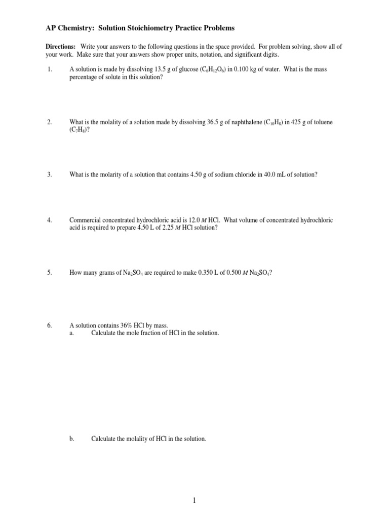 AP Chemistry: Solution Stoichiometry Practice Problems | PDF ...