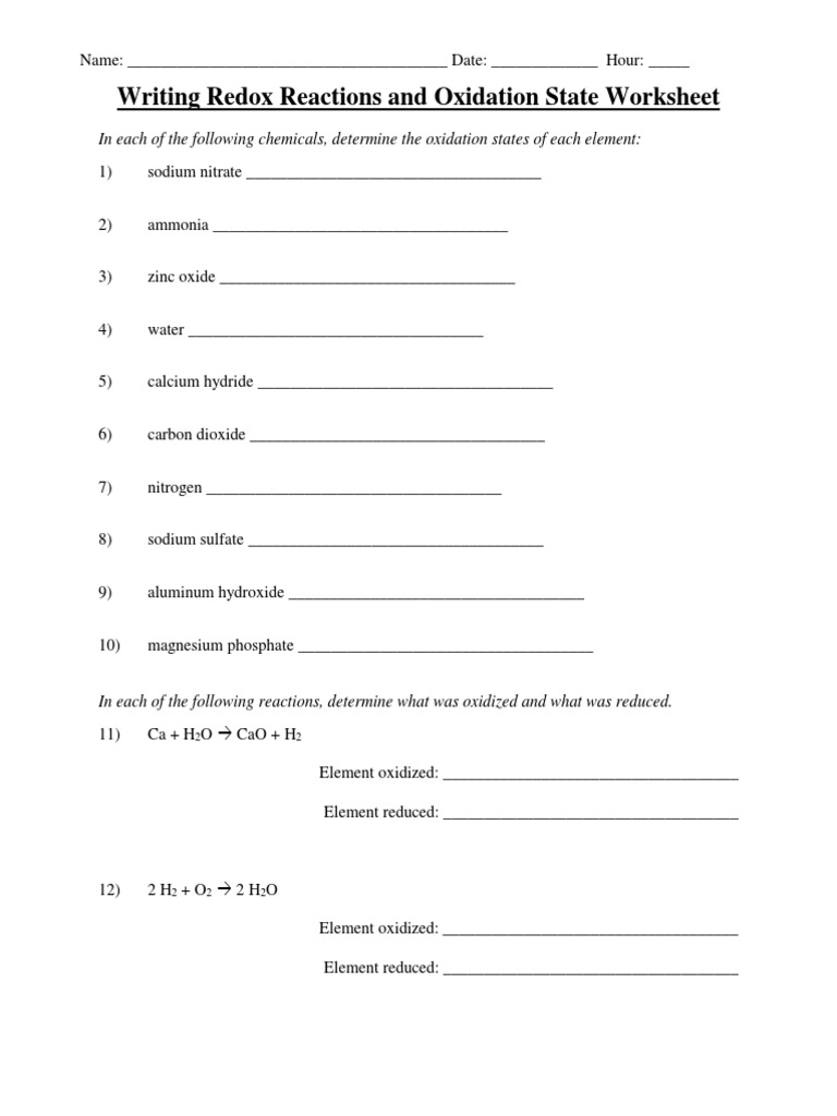 Writing Redox Reactions and Oxidation State Worksheet | PDF | Teaching ...