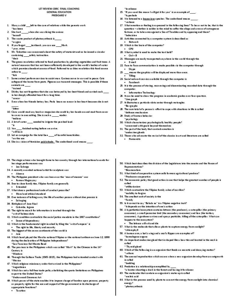 Let Review:Cbrc Final Coaching General Education Preboard V | PDF ...
