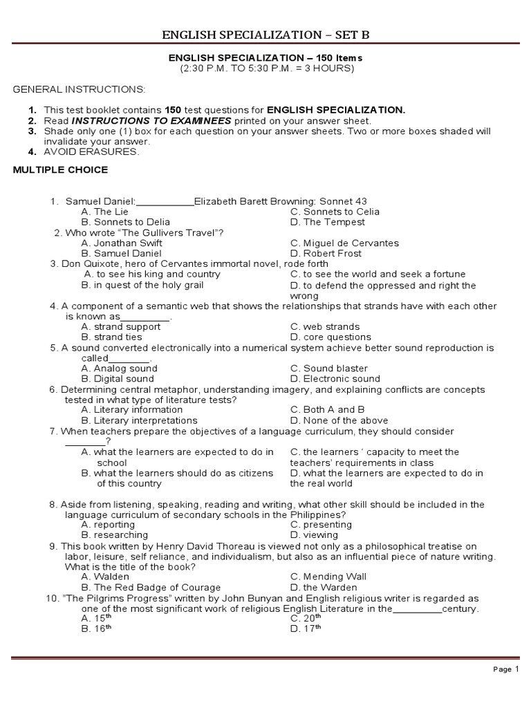 English Specialization Test with 150 Questions | PDF | Test (Assessment ...