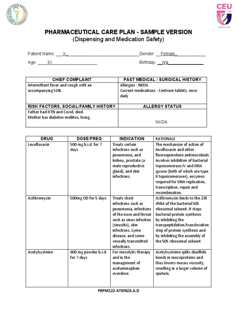 Pharmaceutical Care Plan - Sample Version: (Dispensing and Medication ...