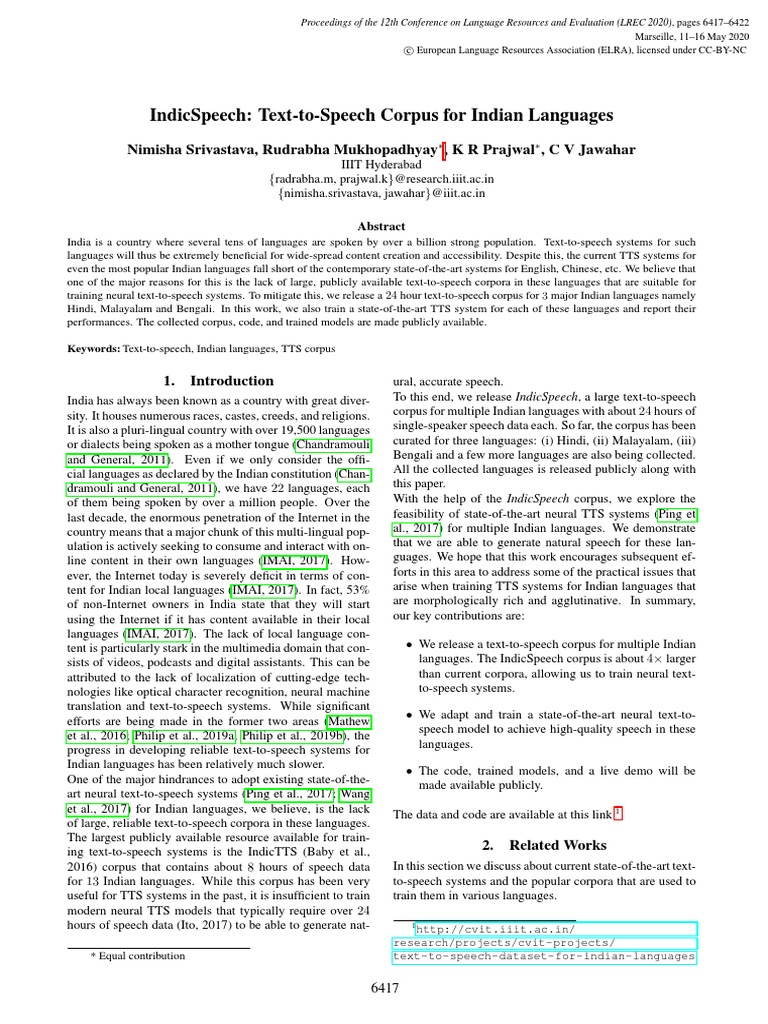IndicSpeech Text-To-Speech Corpus For Indian Languages | PDF | Speech ...