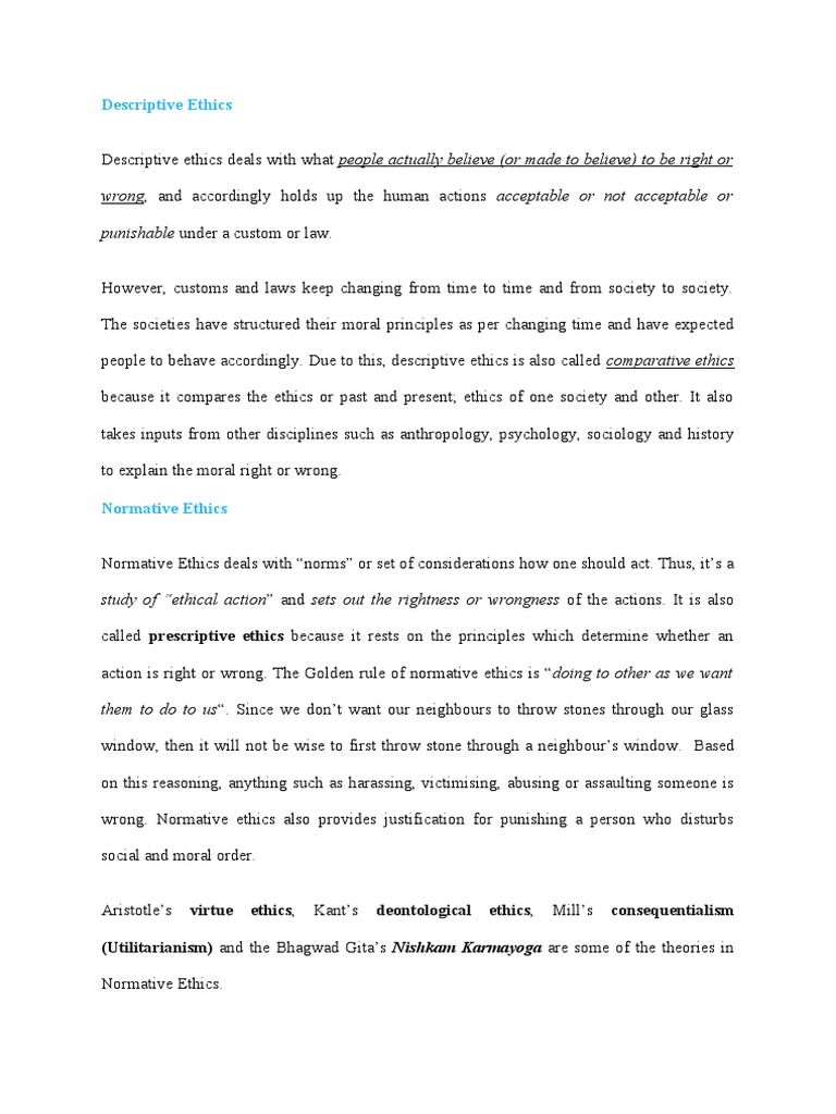 Descriptive Ethics Notes | PDF | Morality | Virtue Ethics