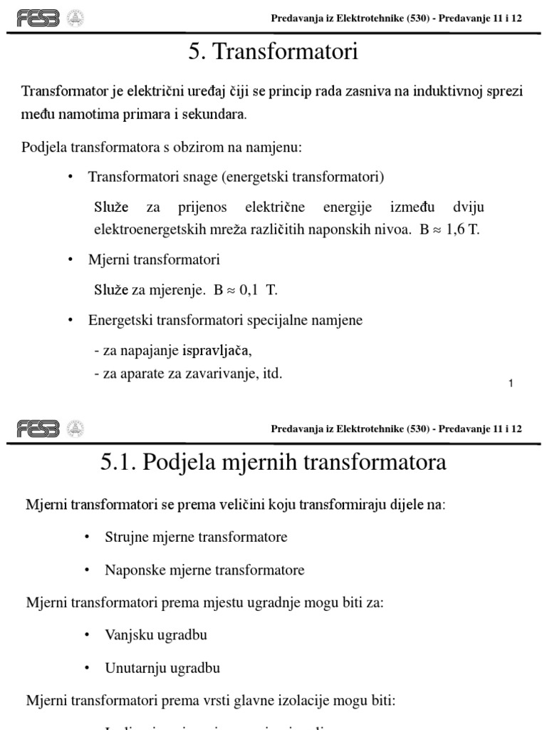 Transformatori: Predavanja Iz Elektrotehnike (530) - Predavanje 11 I 12 | PDF