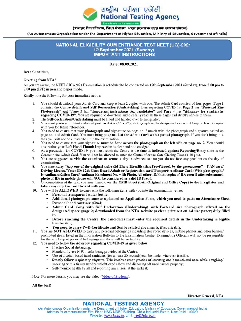 National Eligibility Cum Entrance Test Neet (Ug) - 2021 12 September ...